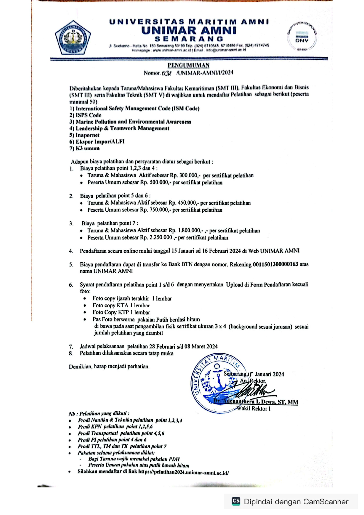 Pengumuman ISM CODE 2024 – UNIMAR AMNI SEMARANG
