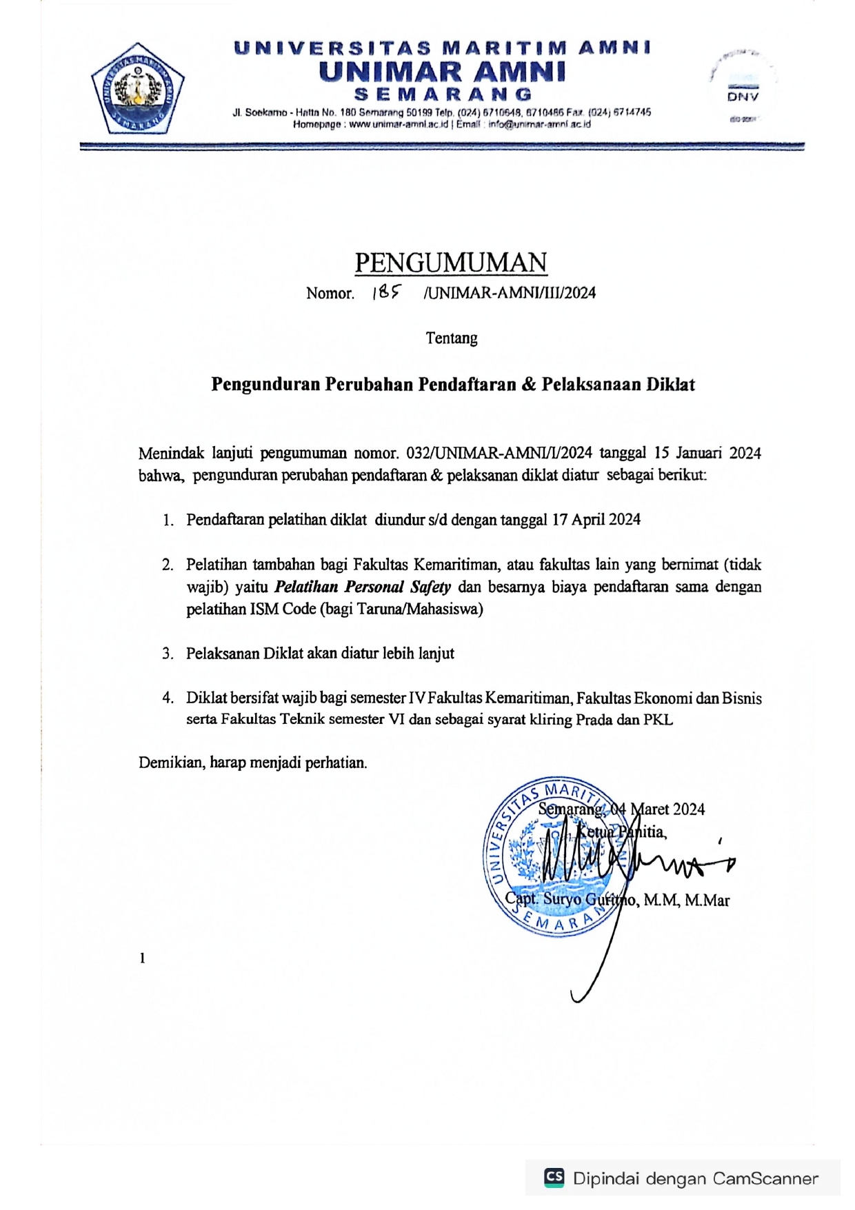 Pengumuman ISM CODE 2024 – UNIMAR AMNI SEMARANG